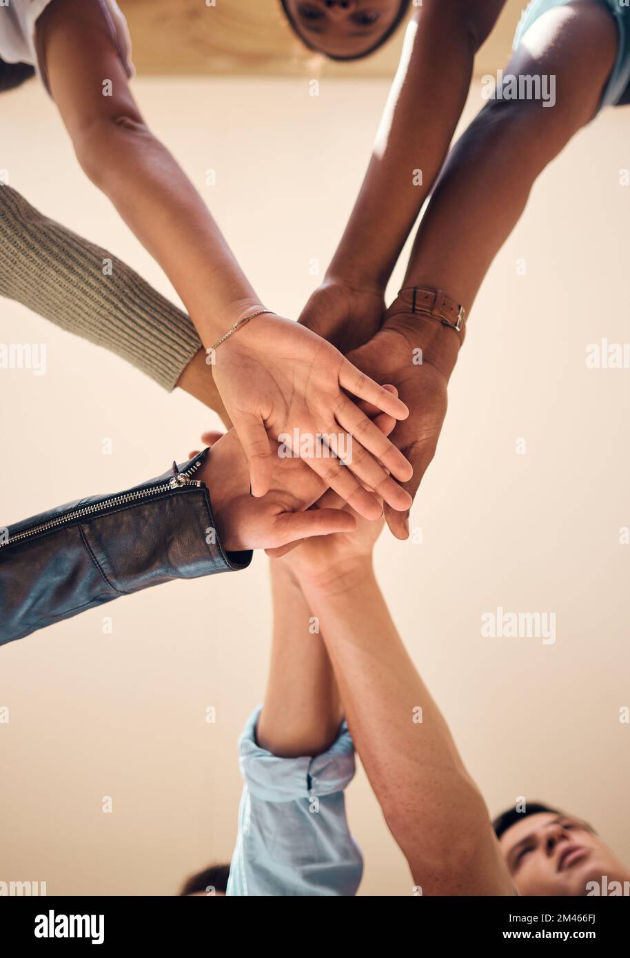 Hands, business people and partnership for team, collaboration and agreement. Diversity, stack ...