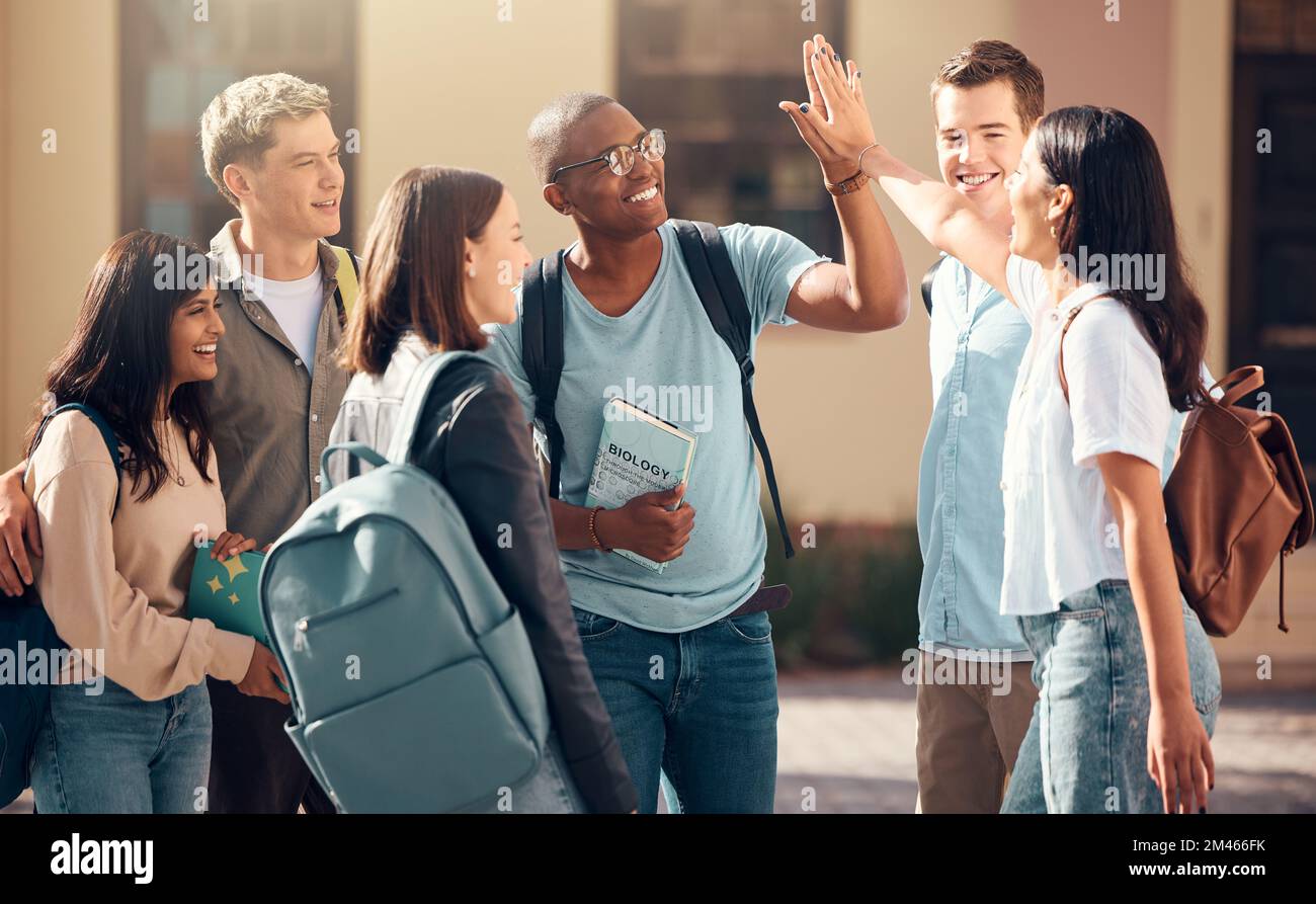 University, friends and student high five of diversity, college and ...