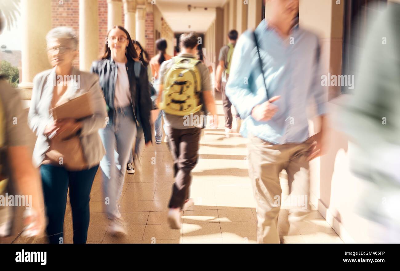 University, campus and busy students walking to class for learning ...