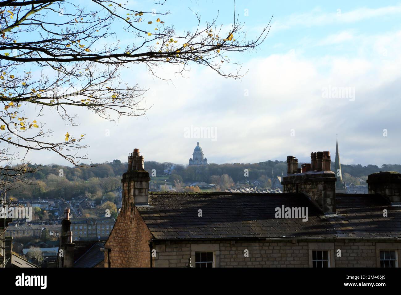 View across Lancaster to the Williamson Memorial from Castle Hill ...