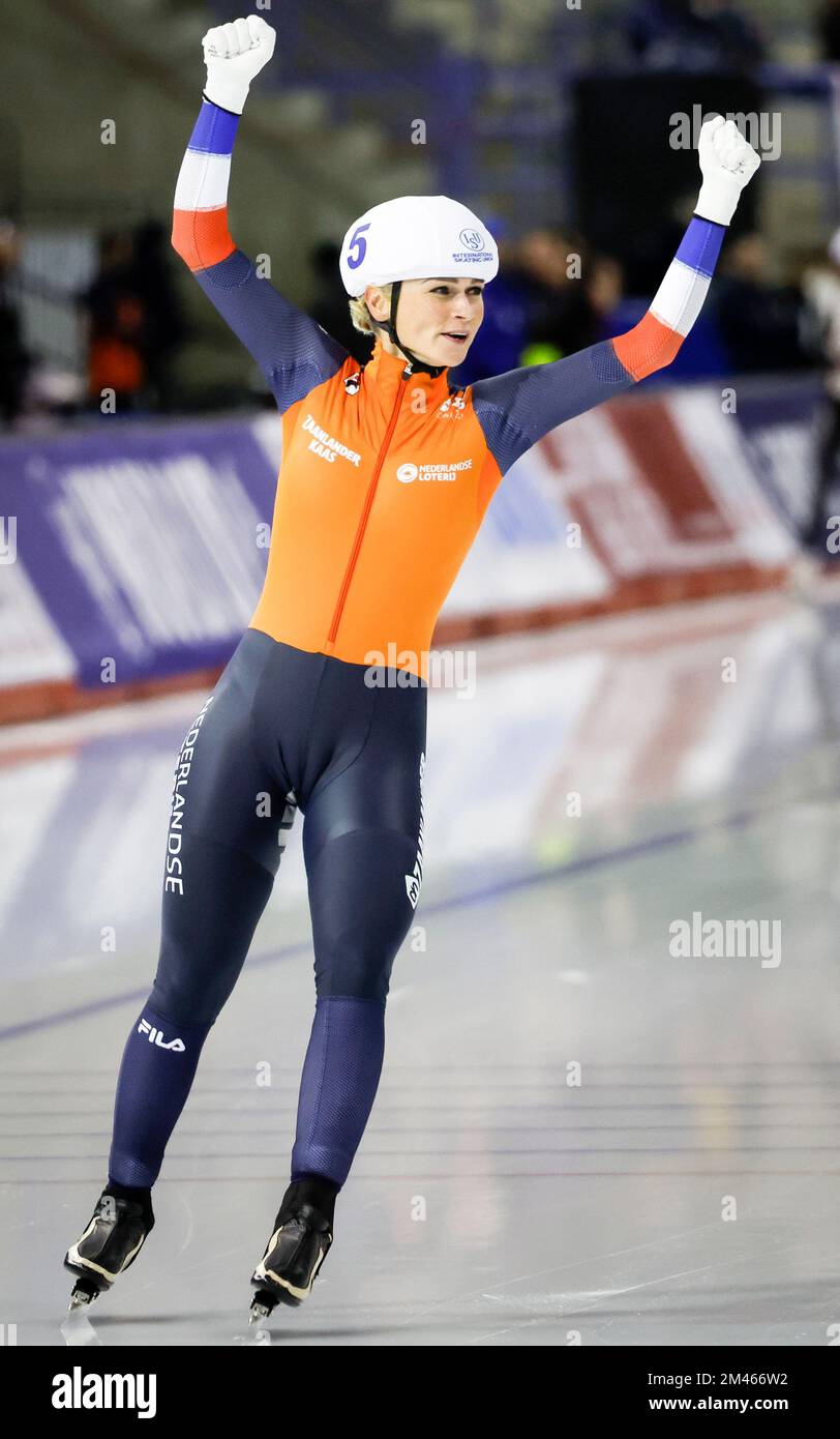 Irene Schouten, of the Netherlands, celebrates winning the women's mass ...