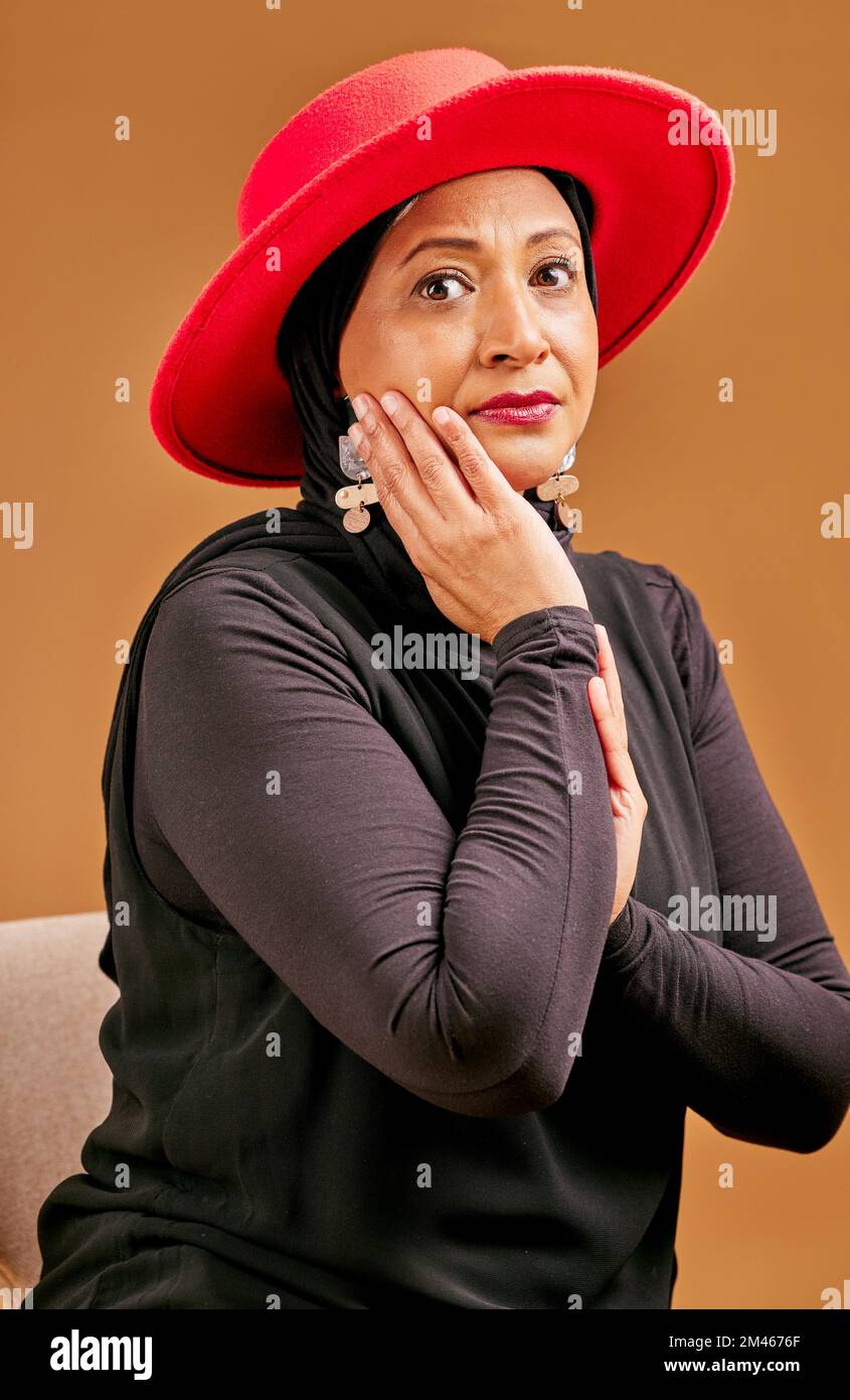 Fashion, stylish and senior Muslim woman with beauty, elegant clothes ...