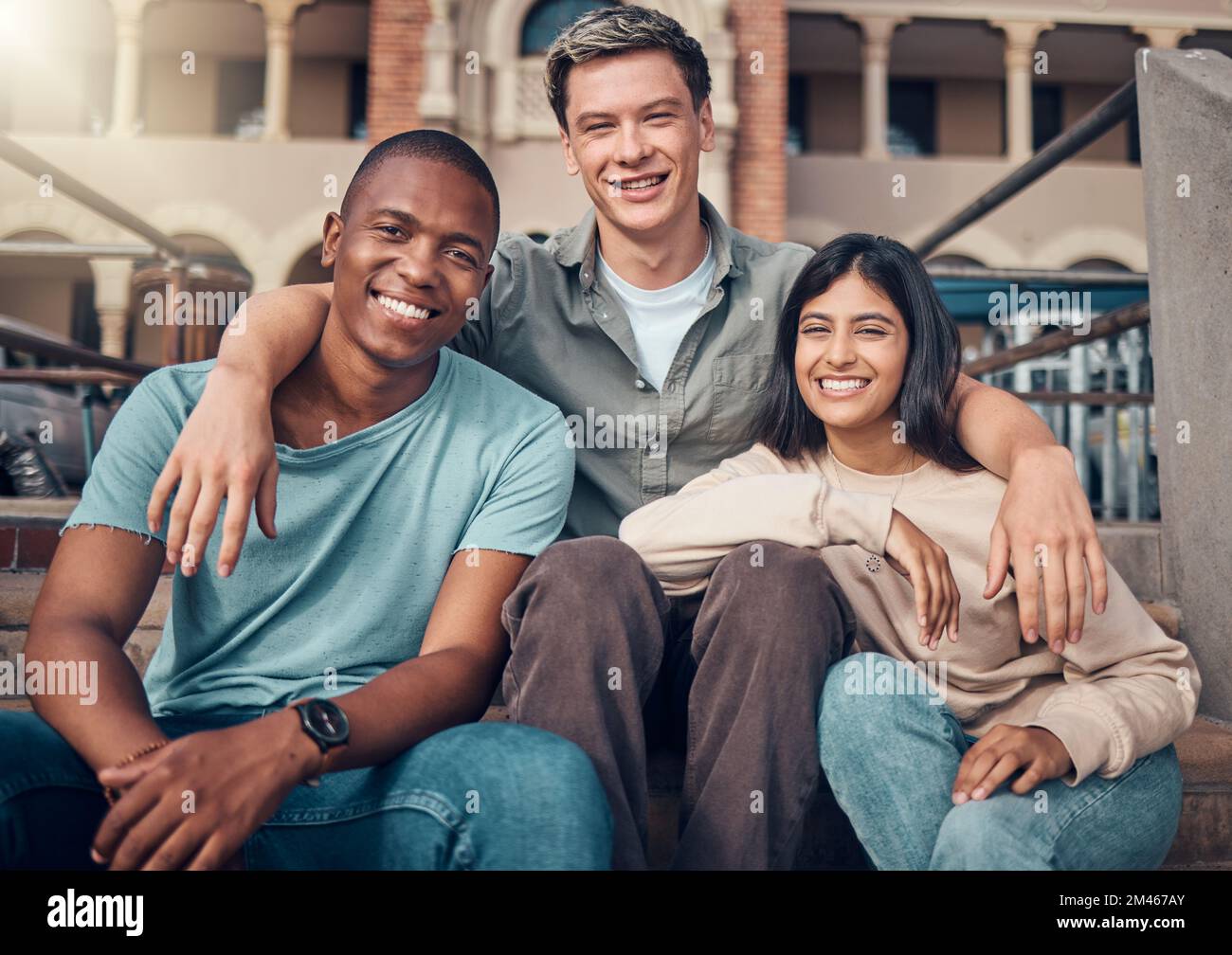 University, gen z and friends hug portrait with smile at campus ...