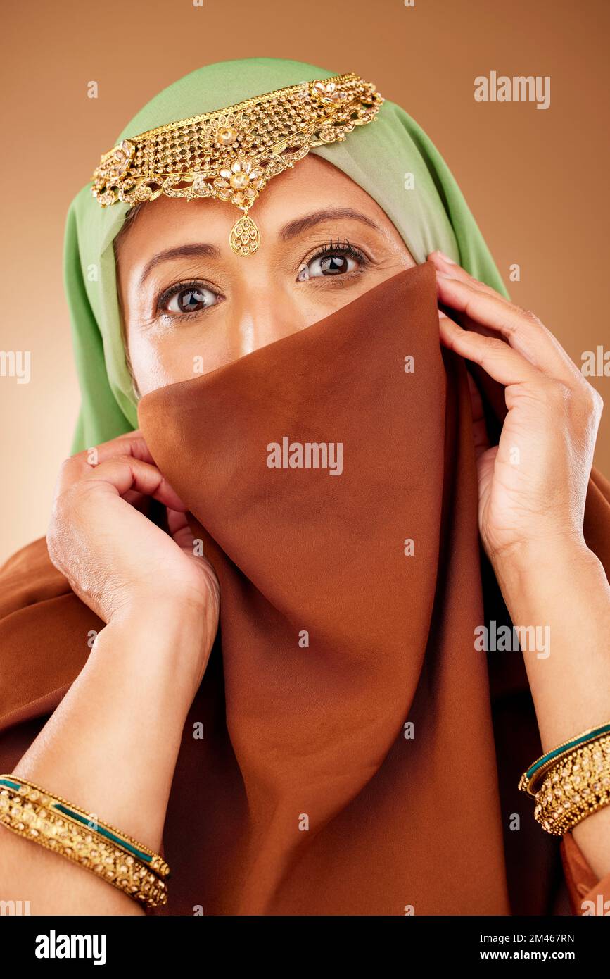 Muslim woman, face or fashion burka on studio background for Iranian ...
