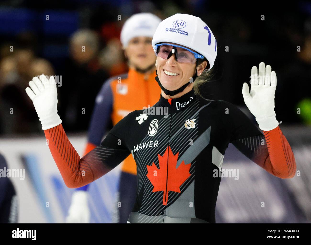 Ivanie Blondin of Canada celebrates her second place finish in the ...