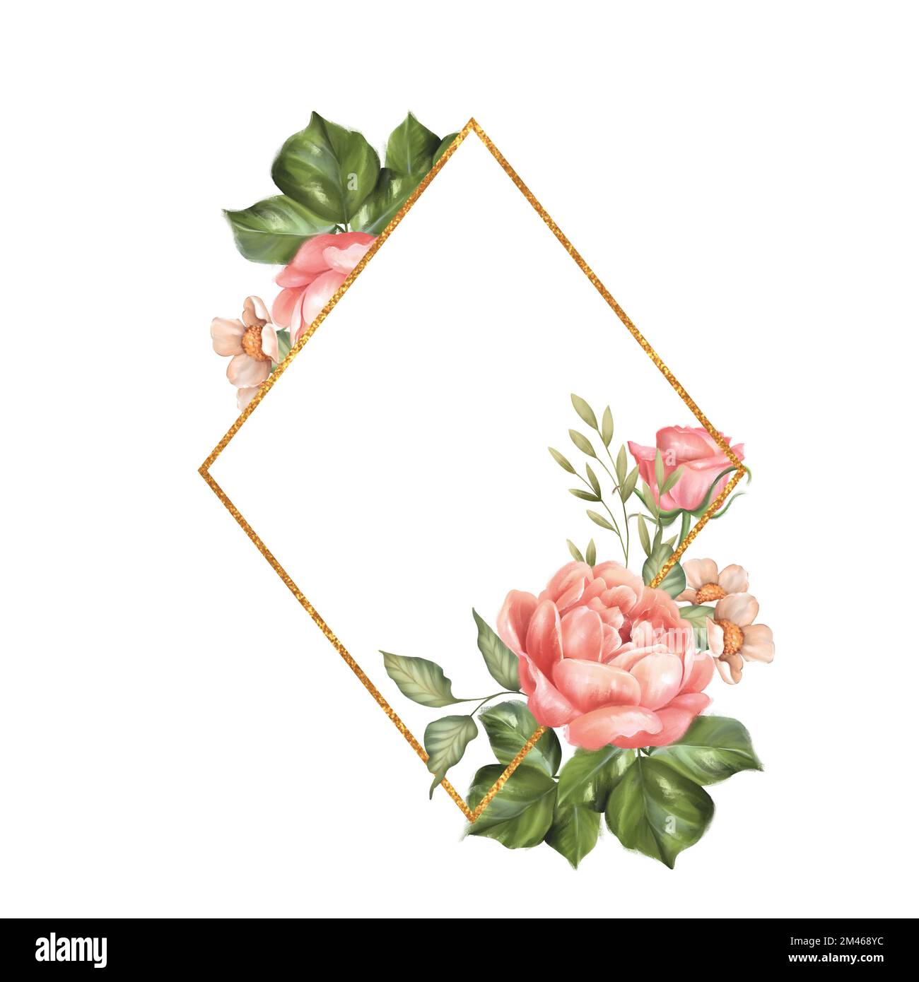 Golden rhombus frame with rose flowers. Floral Wedding card decor Stock ...