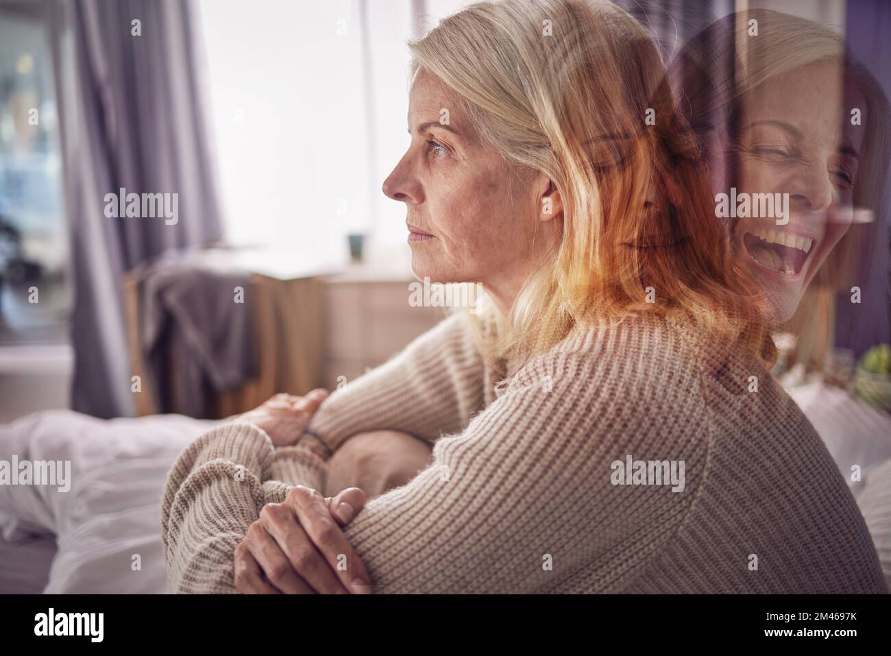 Depression, psychology and bipolar woman on sofa with split personality ...