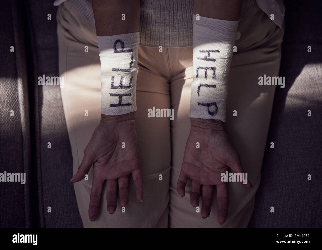 Help, suicide and arm bandage on woman with depression, mental health ...
