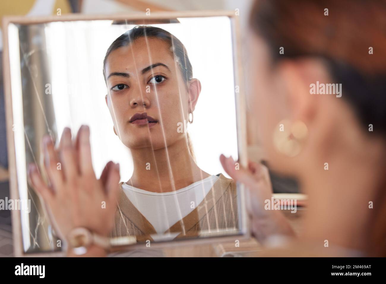 Broken mirror, bipolar woman and reflection of anxiety, depression or ...