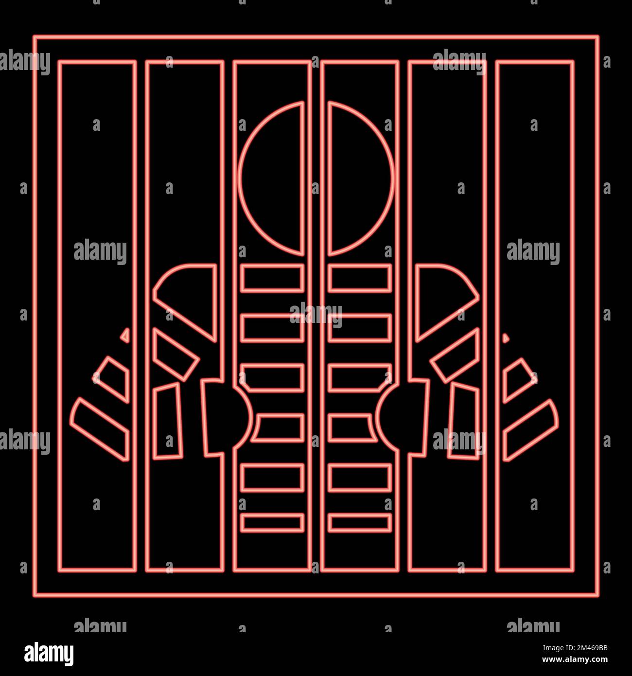 Neon prisoner behind bars holds rods with his hands Angry man watch ...