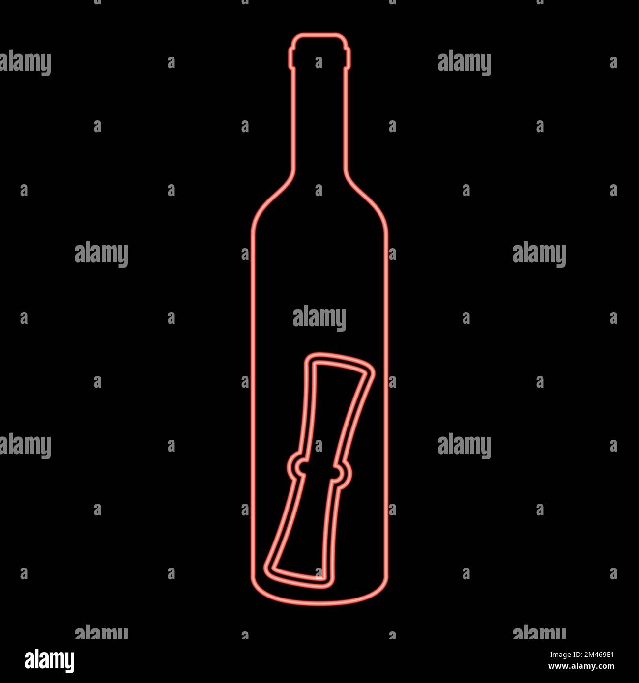 Neon bottle with letter Message concept Folded scroll document in old ...