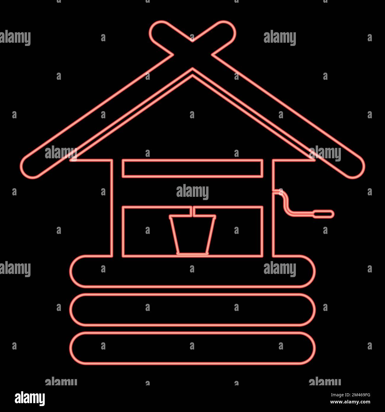 Neon drinking water well with bucket wooden material red color vector ...