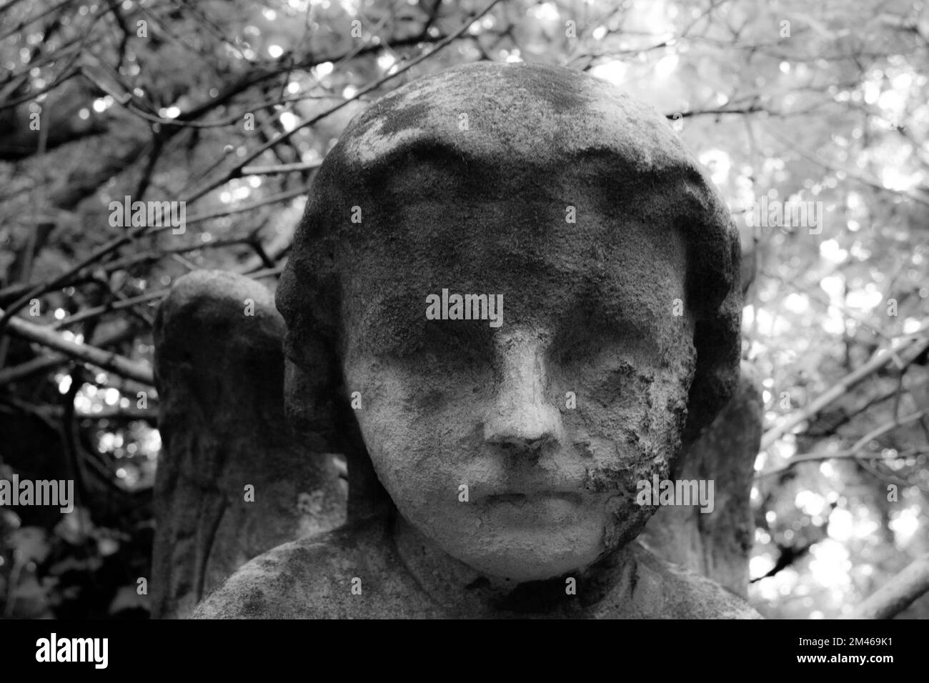 A grayscale closeup of the face of an old statue of an angel Stock ...