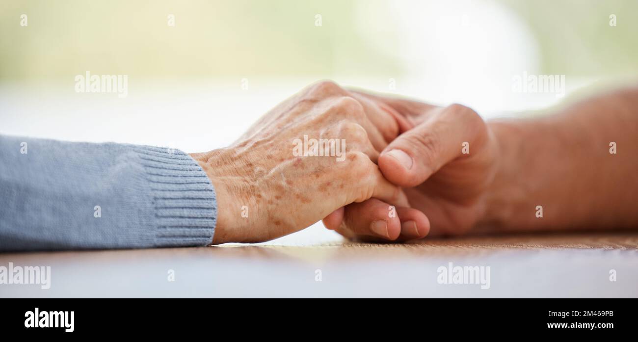 Healthcare, help or people for support holding hands of patient for ...