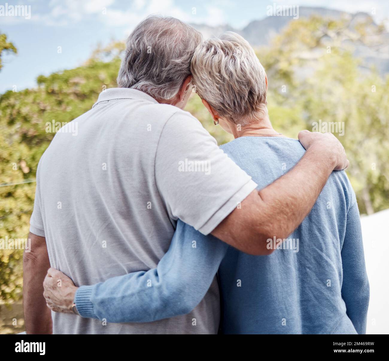 Love Back And Senior Couple Hug Outdoor Bonding And Cuddle Romance