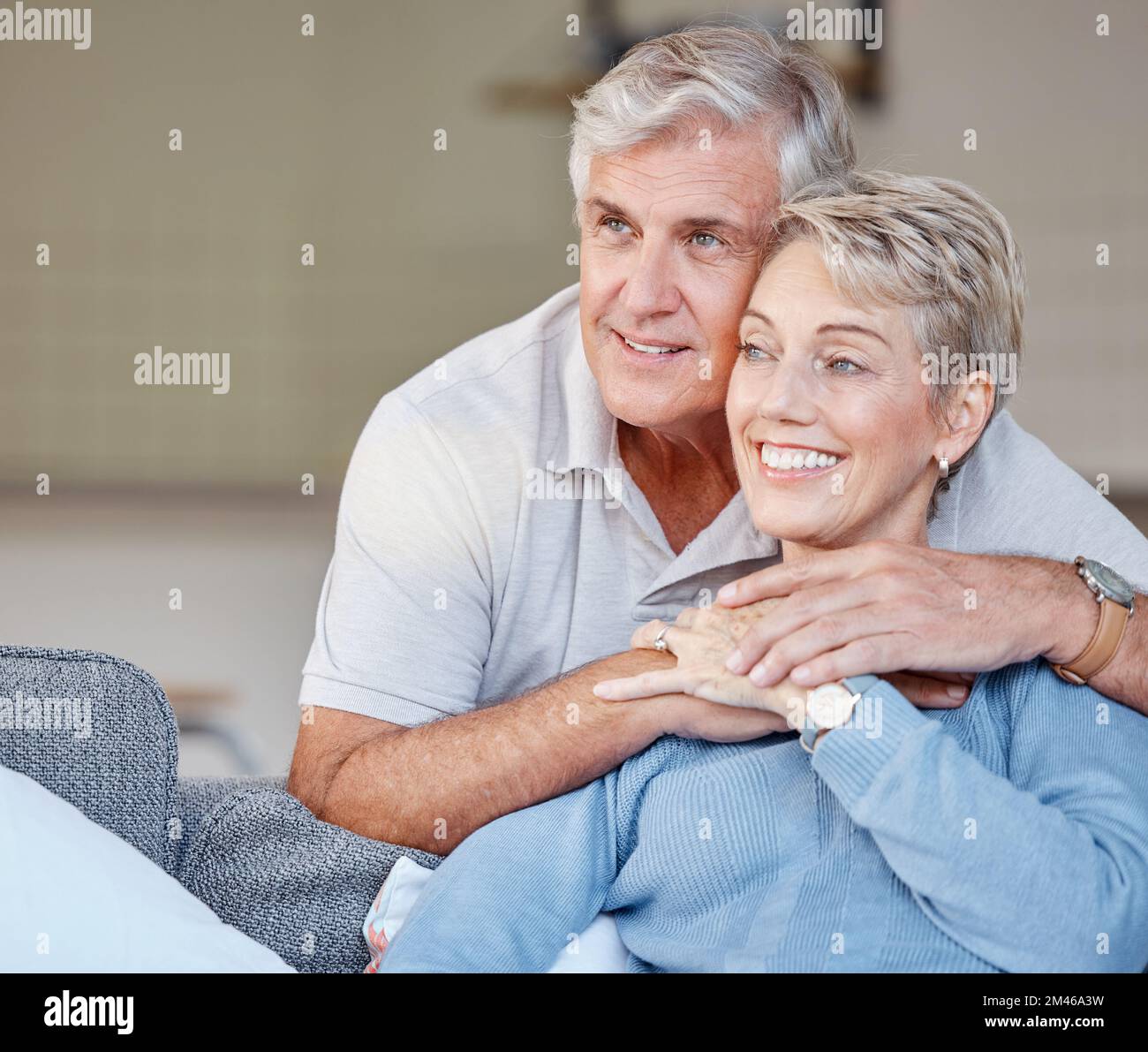 Relax, love and happy with old couple on sofa for peace, marriage and ...