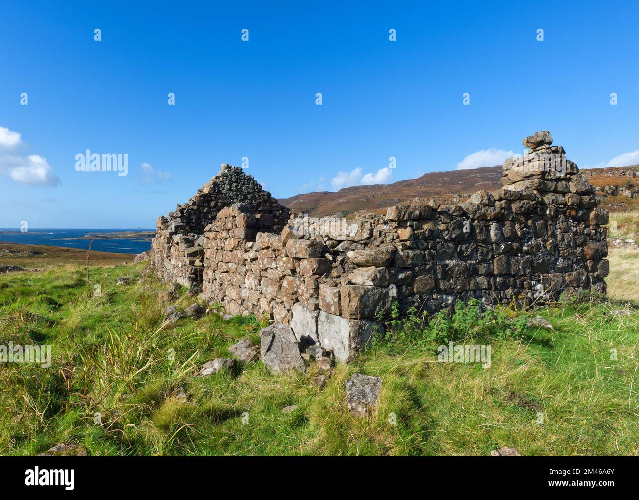 Derelict stone cottage in the abandoned village of Ormaig. Ulva Island ...
