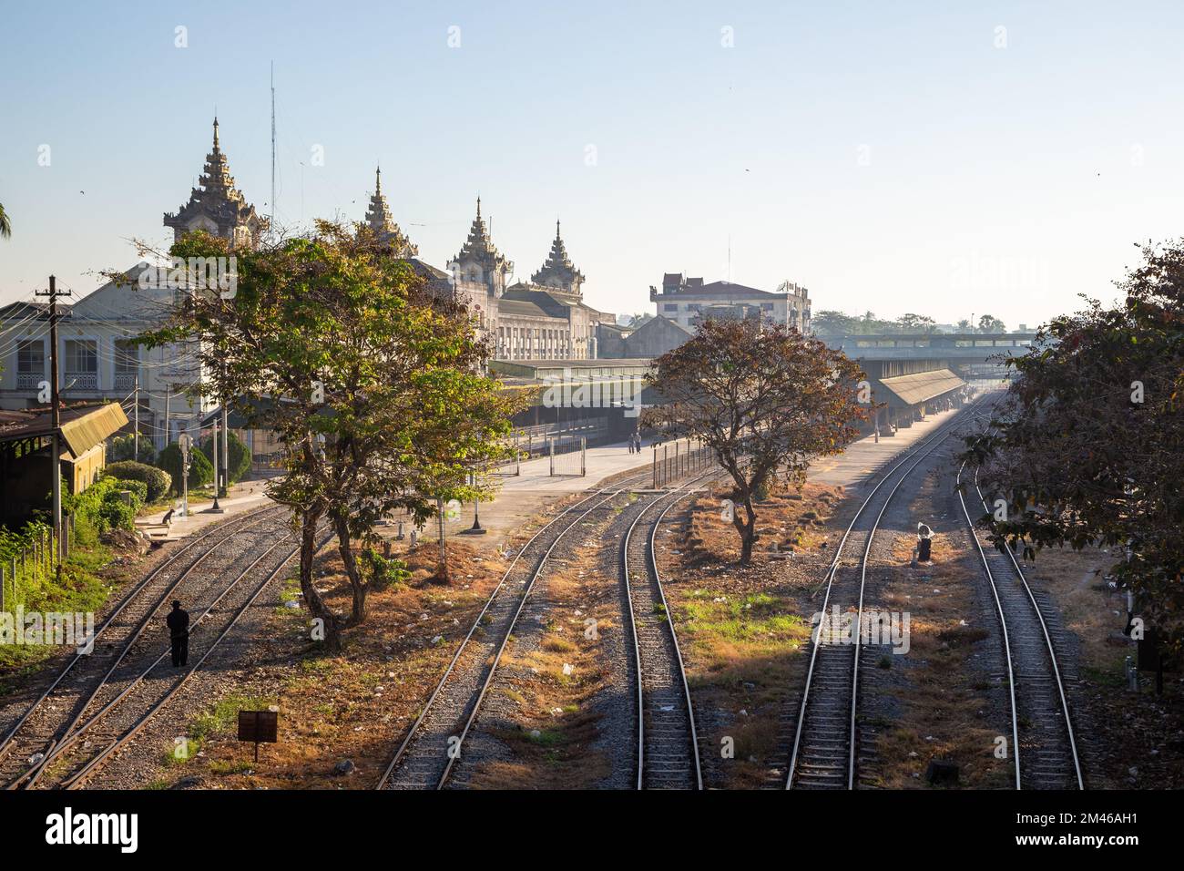 Platforms and tracks in front of the Yangon Central Railway Station in ...