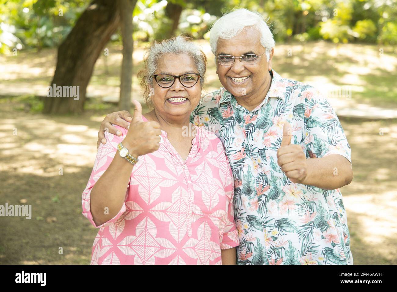 Happy indian senior couple give thumbs up pose at summer park. Old ...