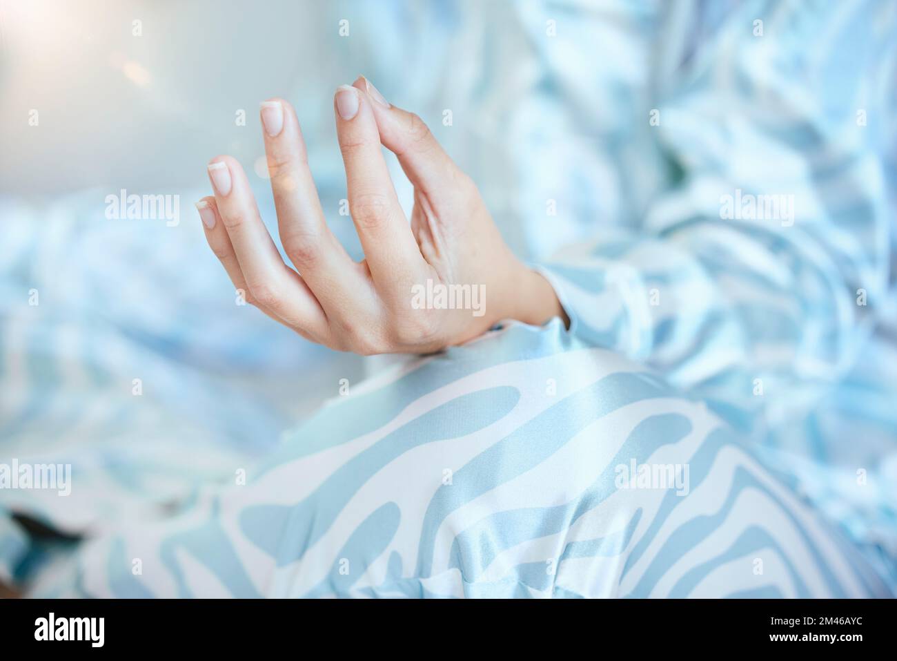 Meditation, morning and hand of woman in home for mindfulness, peace ...