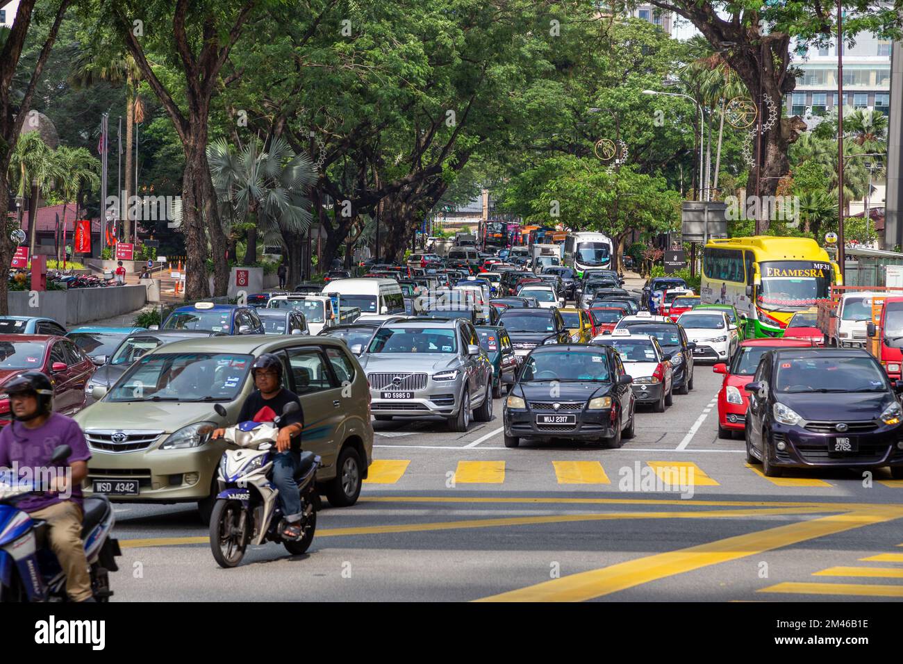 Heavy traffic clogs a wide road in Central Kuala Lumpur, capital city ...