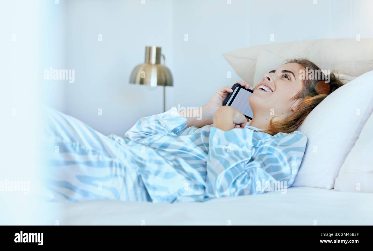 Woman, phone call and bed in the morning, happy and conversation ...