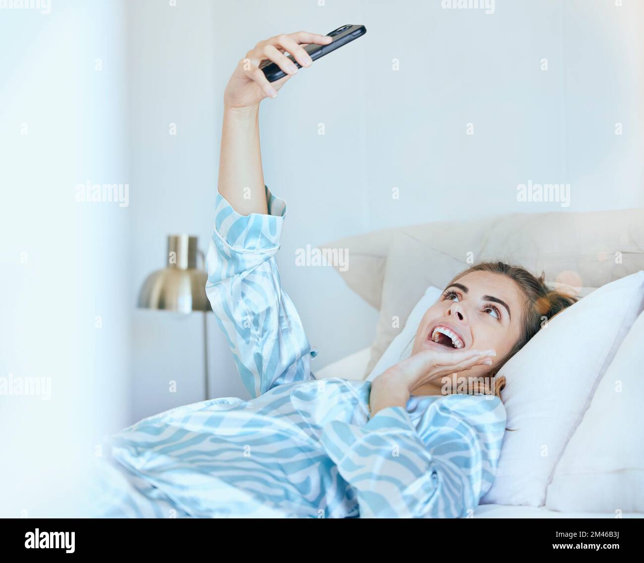 Selfie Girl In Bed And Photography With Phone Technology And Memory Smile And Happy Young