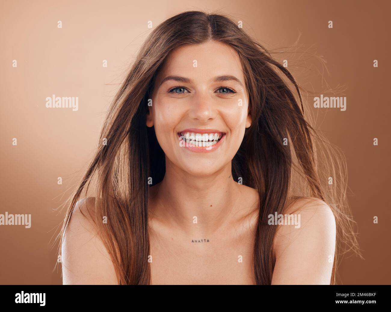 Beauty, smile and face of aesthetic woman happy about makeup, cosmetics ...