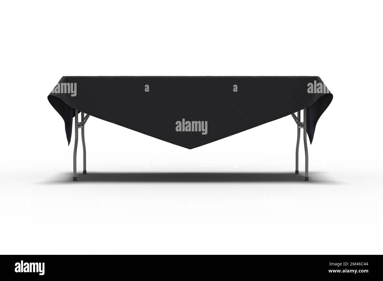 Black tapered table cloth draped over a folding trestle table. Front ...