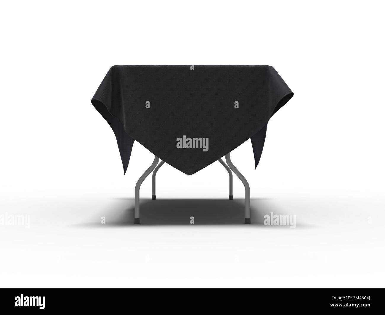 Black tapered table cloth draped over a folding trestle table. Side ...