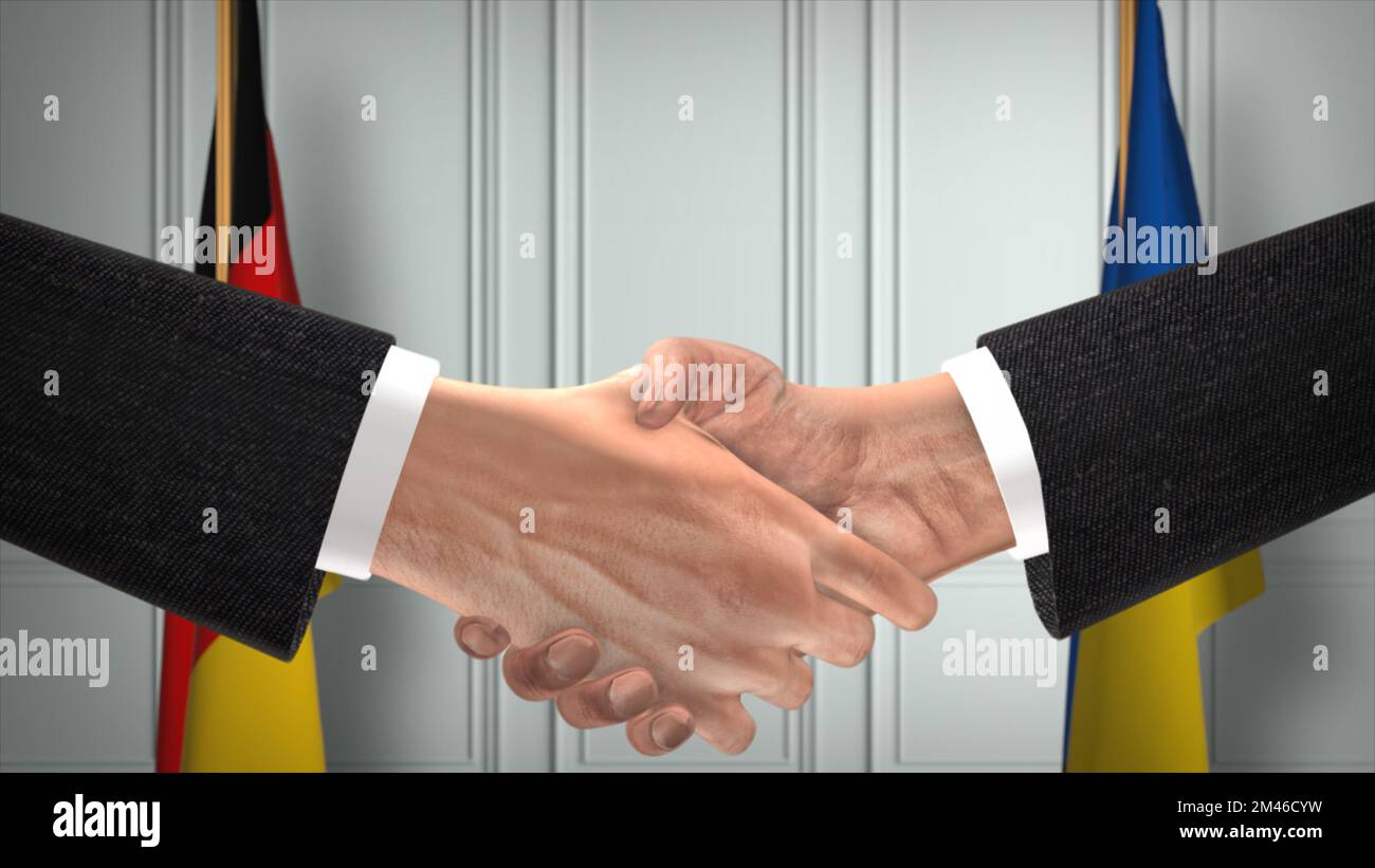 Germany and Ukraine diplomacy deal 3D illustration. Businessman partner ...