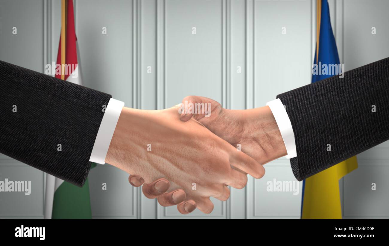 hungary and Ukraine diplomacy deal 3D illustration. Businessman partner ...