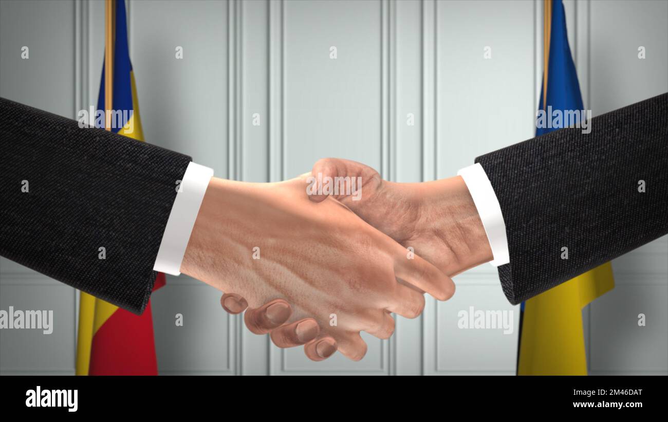 Romania and Ukraine diplomacy deal 3D illustration. Businessman partner ...