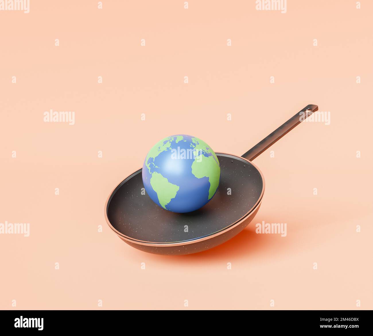 frying pan with planet earth warming up inside on beige background ...
