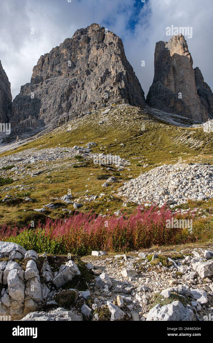 Fantastic panoramic view of Tre Cime de Lavaredo mountains with blue ...
