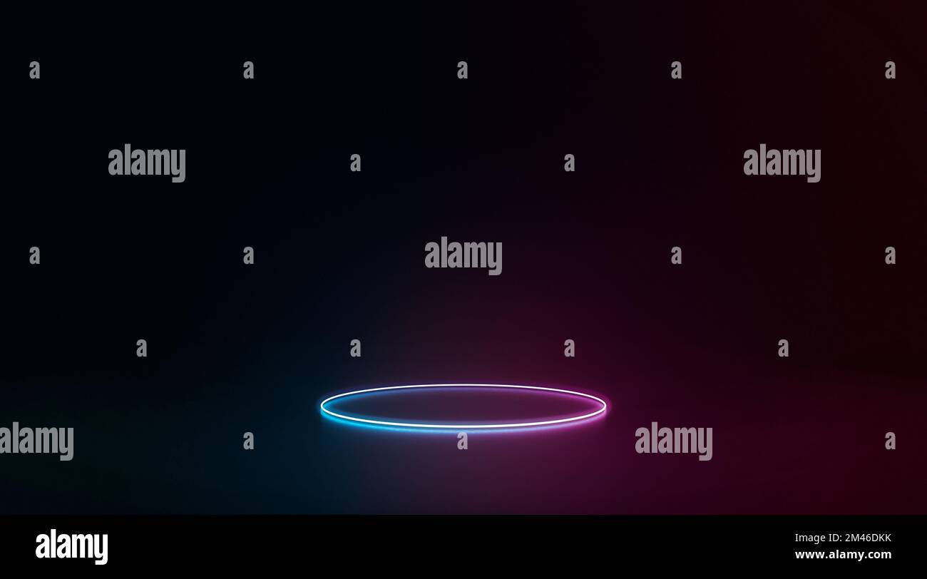 Neon colored glowing circle frame lying in darkness, 3d rendering ...