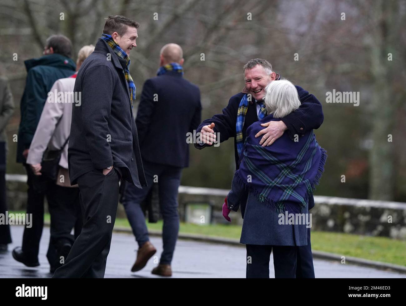 Former rugby union players Carl Hogg (left) and Gary Armstrong greets a ...