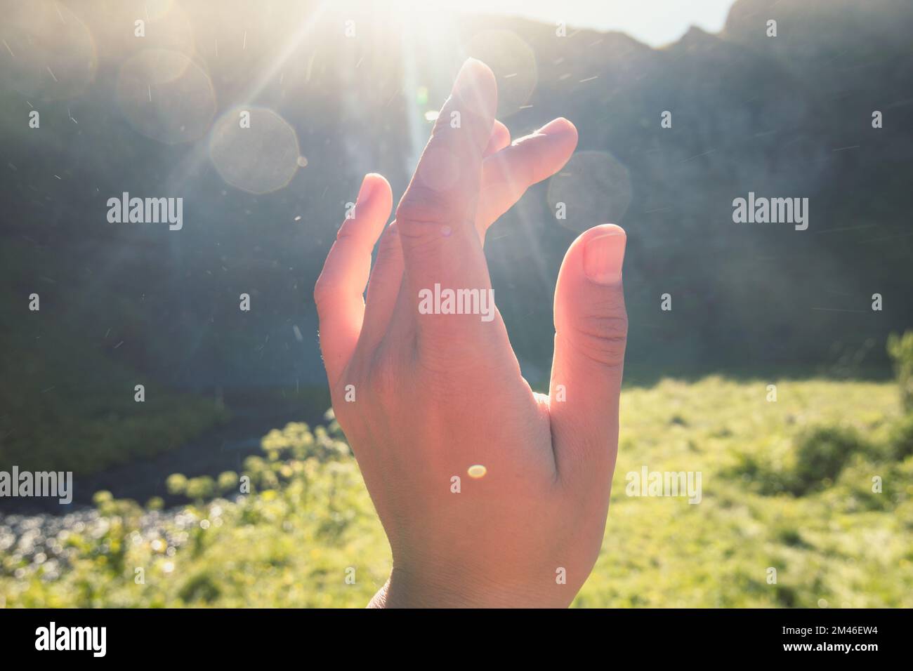 Close up female hand at sunlight outdoors concept photo Stock Photo - Alamy