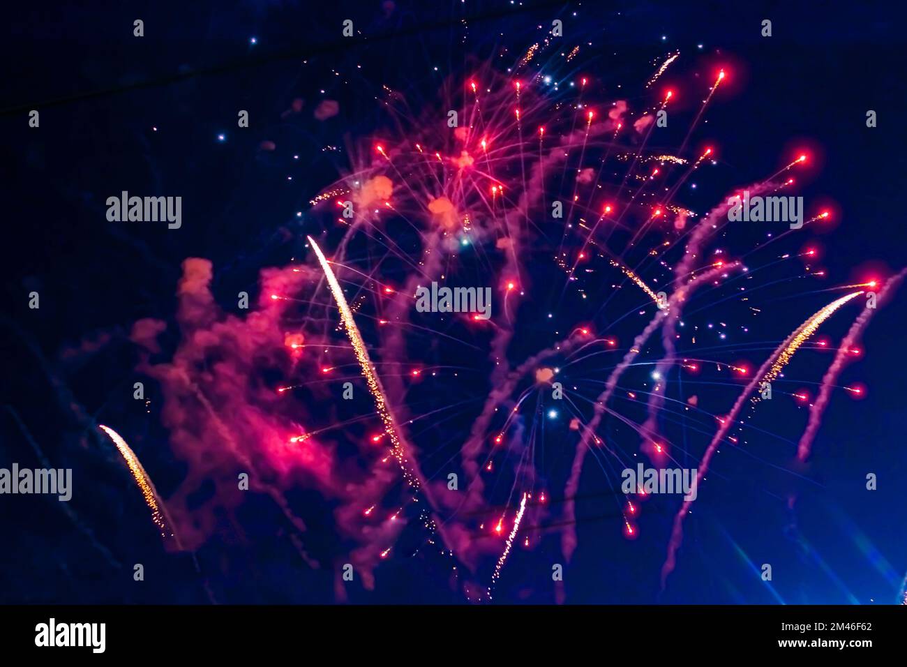 Bright, pink fireworks against the background of the night sky Stock ...