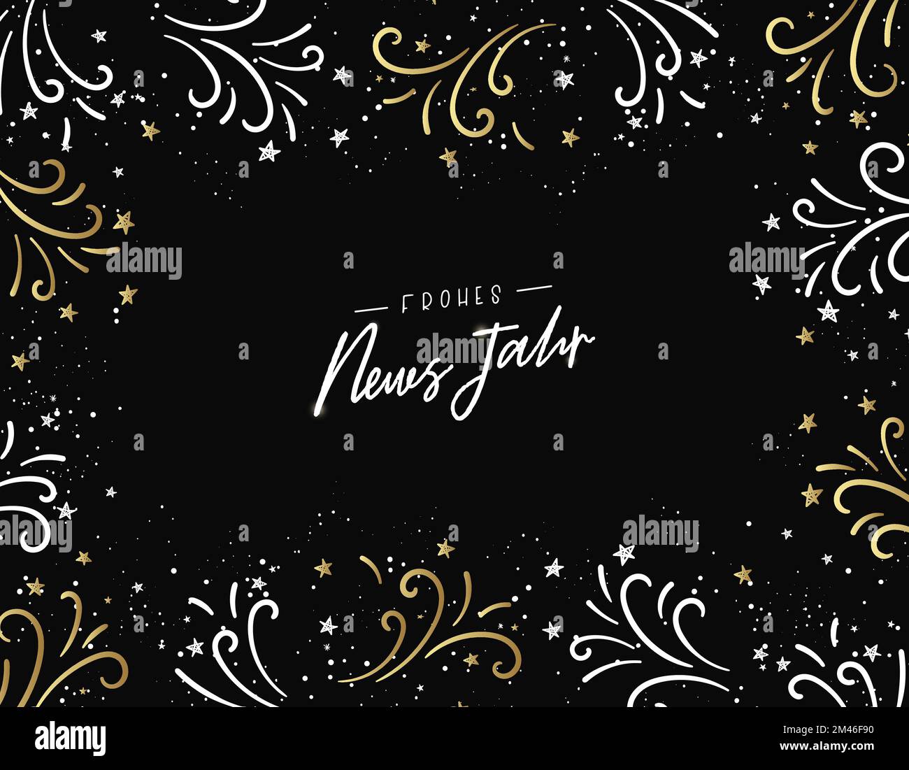 Cute hand drawn New Years banner with fireworks and German type saying ...