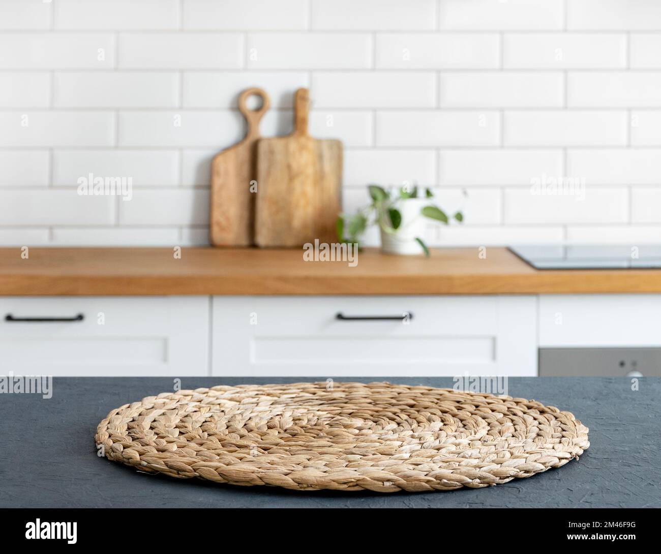 Wooden blue countertop with napkin and free space for mounting a ...