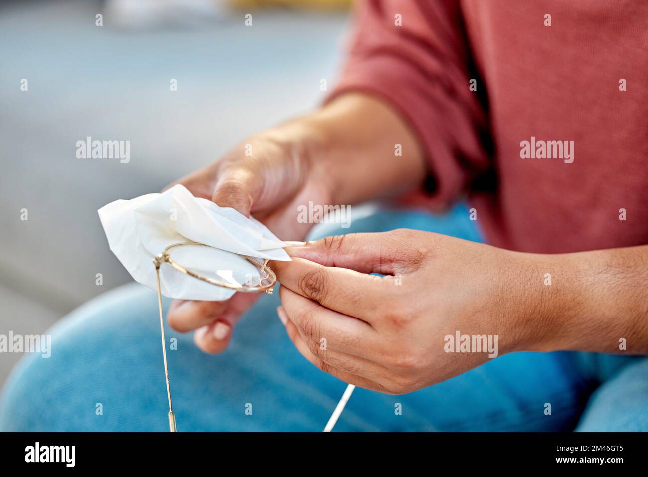 Hands, woman and cleaning dust of glasses with fabric tissue for ...