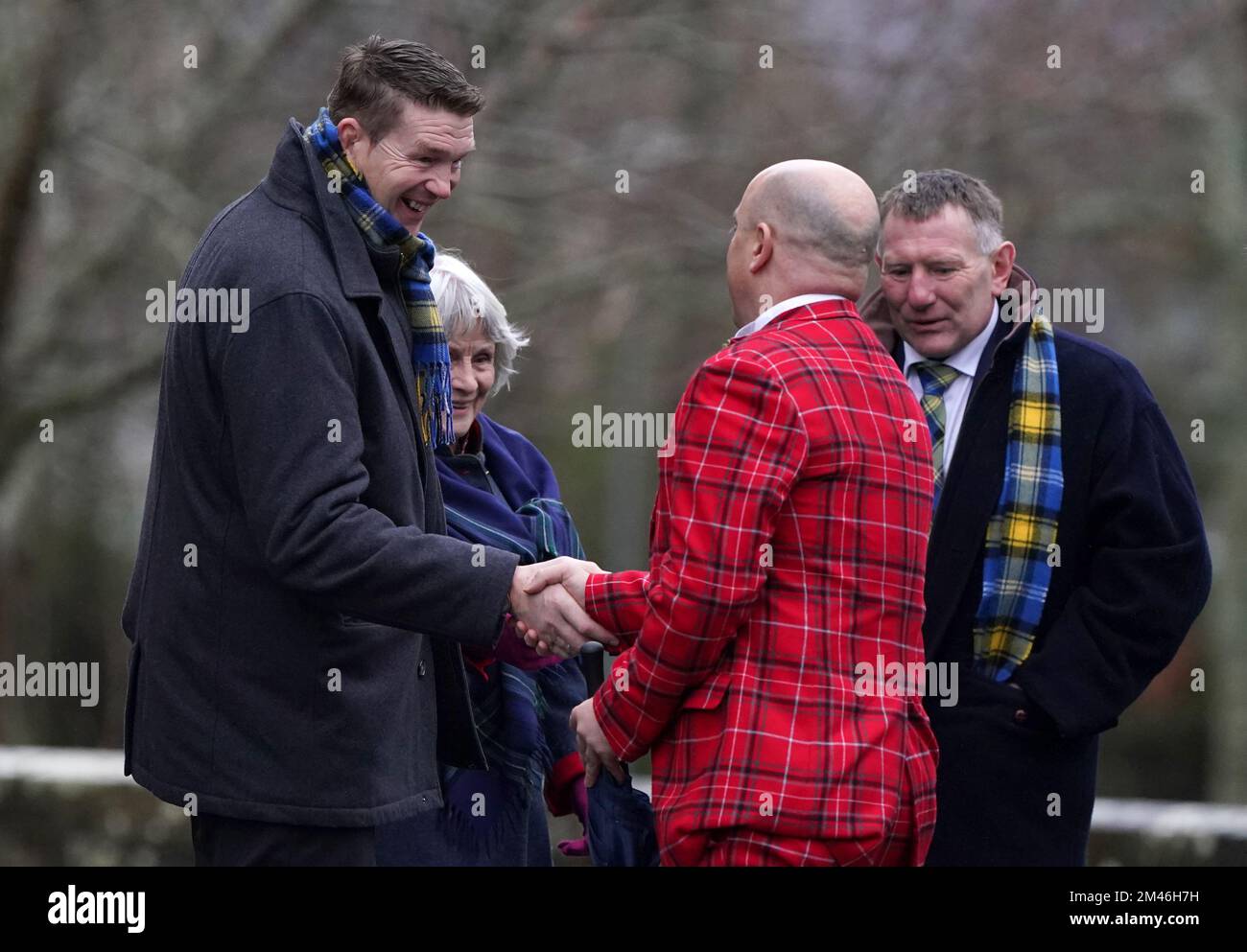 Former rugby union players Carl Hogg (left) and Gary Armstrong greets a ...