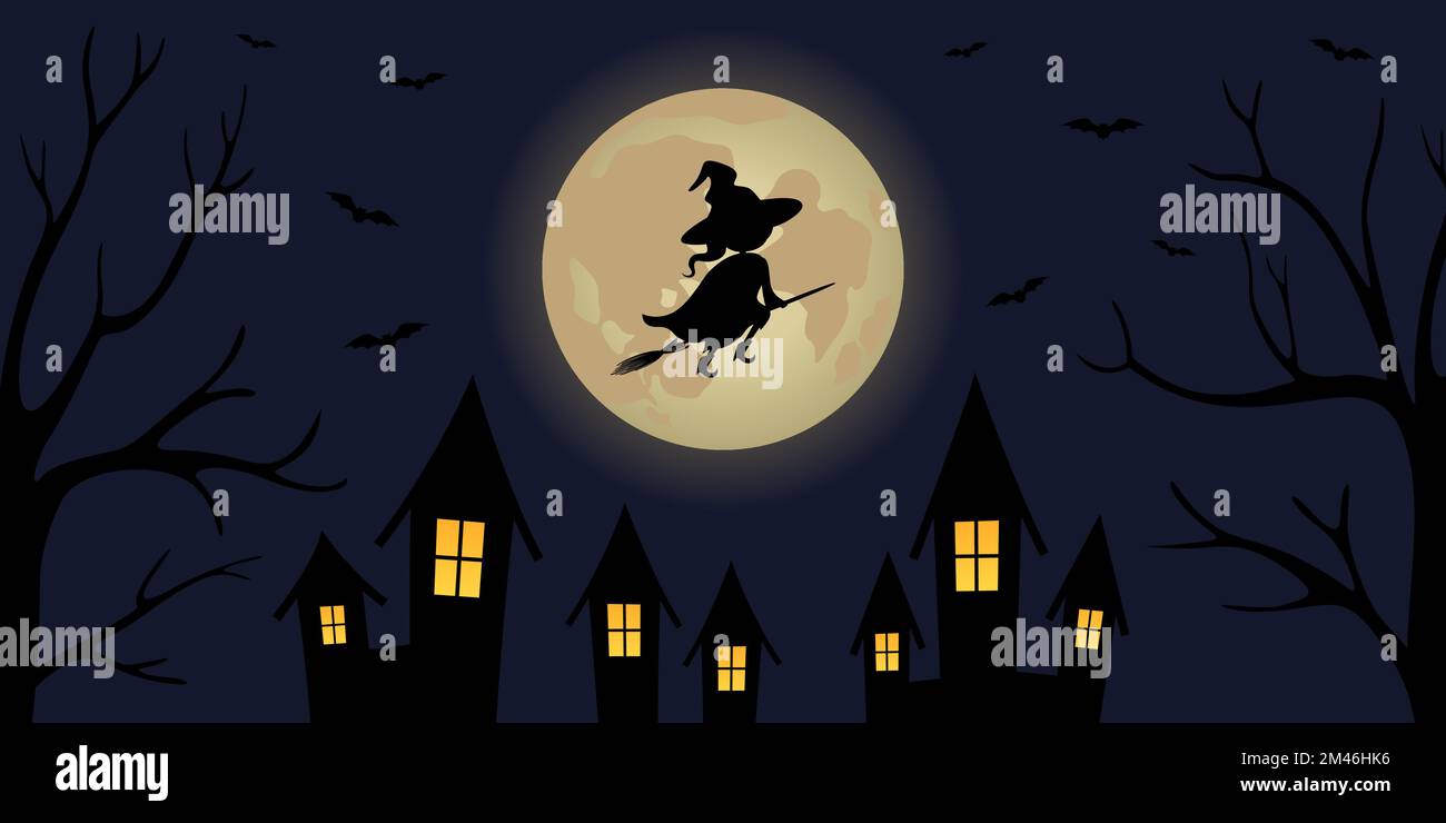 Witch flying on broom over night town. Vector illustration Stock Vector ...