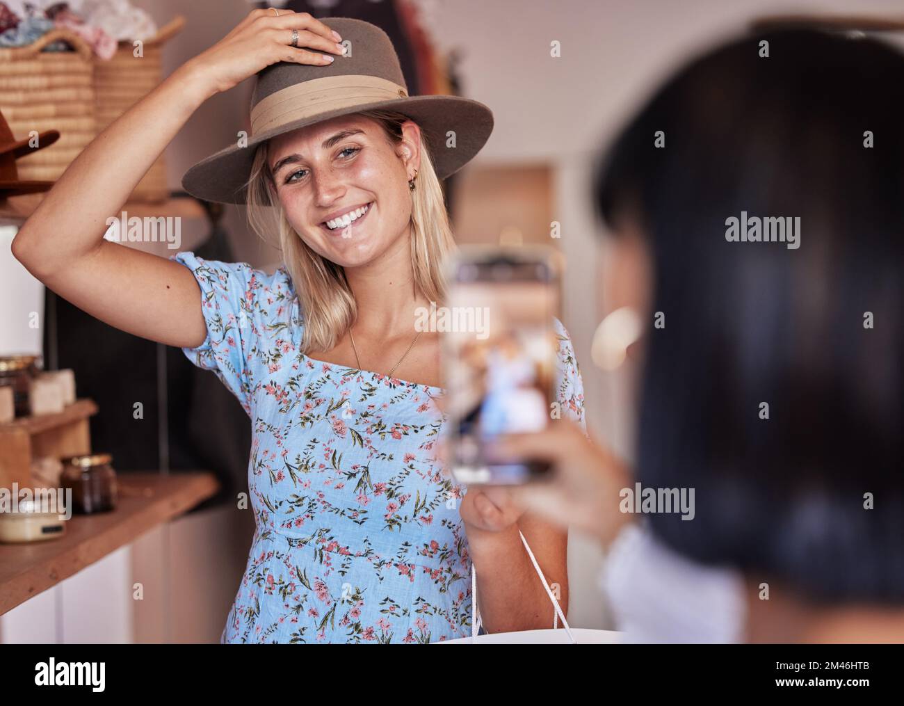 Fashion, friends shopping and taking pictures with phone for happy ...