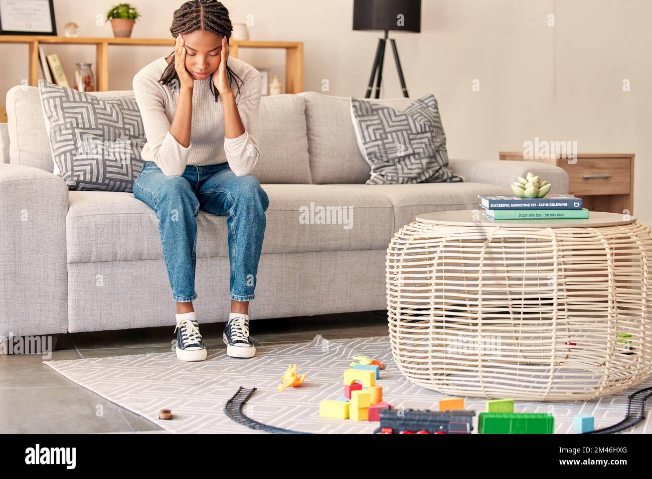 Black woman, headache and mental health, stress and anxiety while ...