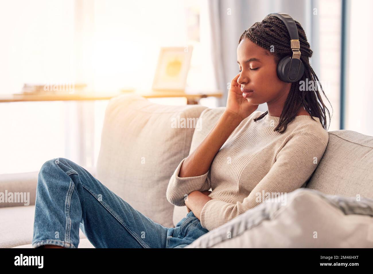Relax Music And Black Woman With Calm Podcast Wellness Sound And Tired With Radio On The Sofa