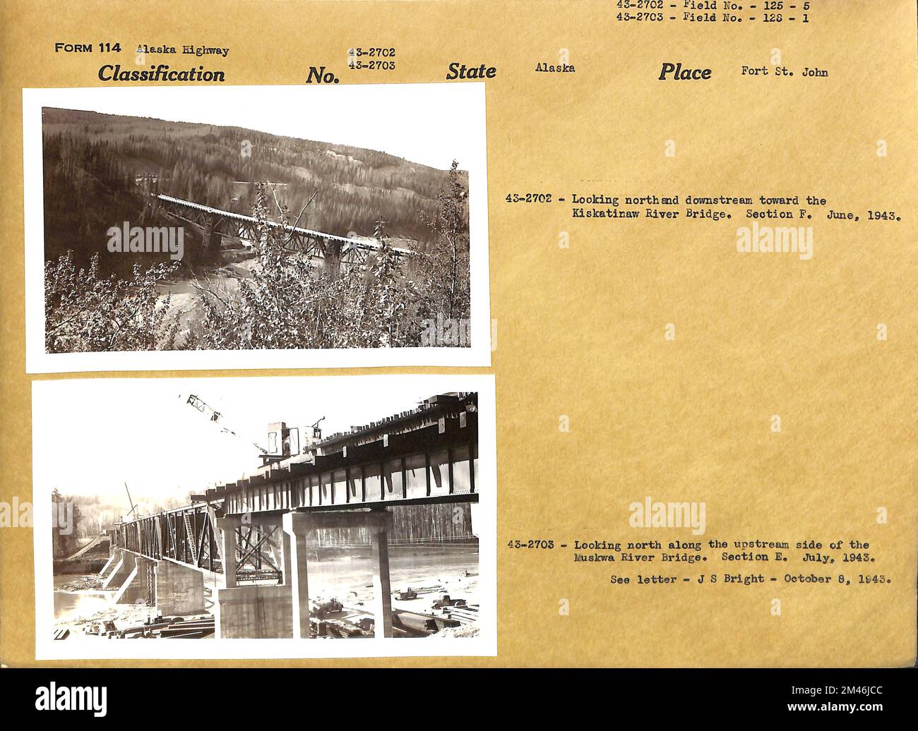 Kiskatinaw River Bridge. Original caption: 43-2702-Looking north and downstream toward the ...