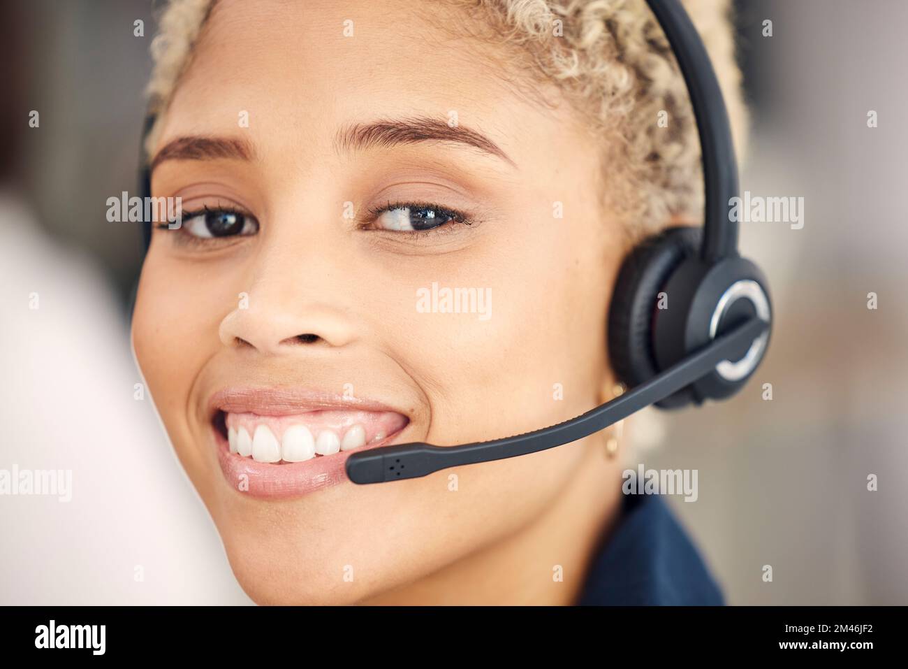 Closeup portrait, call center and agent woman with smile, happiness and ...
