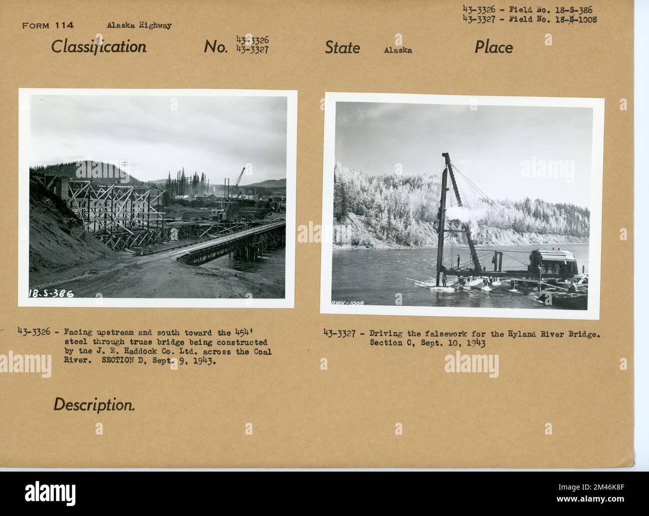 Facing upstream and south toward the 454' steel through truss bridge; Driving the falsework for ...